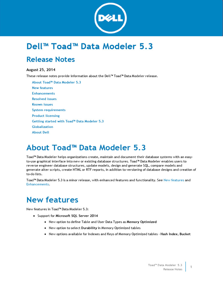 DellToadDataModeler 5.3.4 ReleaseNotes Revision1 ENG | PDF