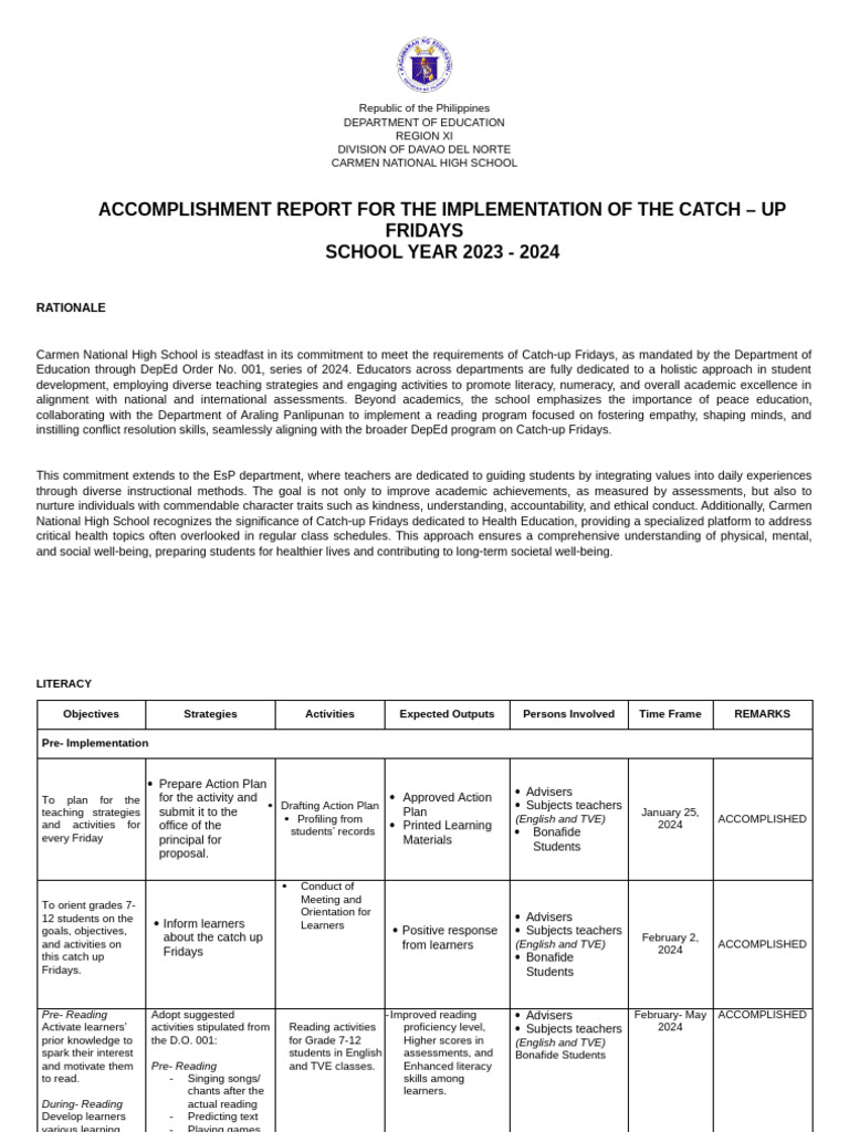 Accomplishment Report - Catch Up Friday | PDF | Learning | Teachers