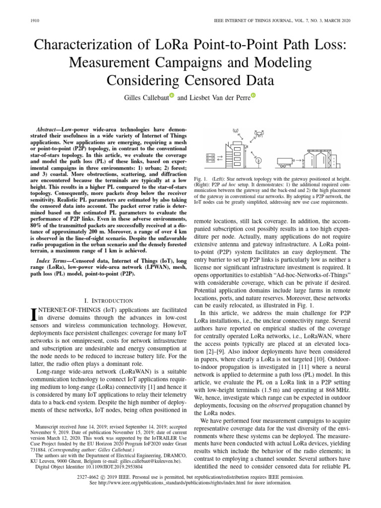 Characterization of LoRa Point-To-Point Path Loss Measurement Campaigns and Modeling Considering ...