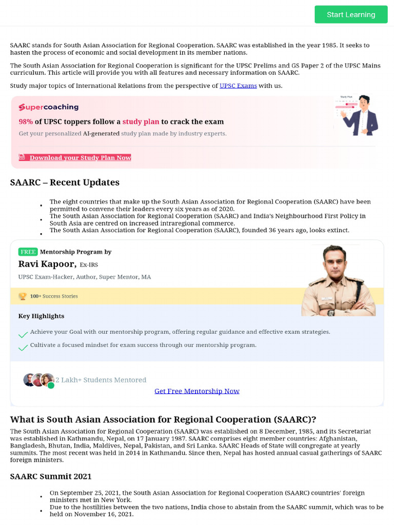 South Asian Association For Regional Cooperation - SAARC - in Detail | PDF