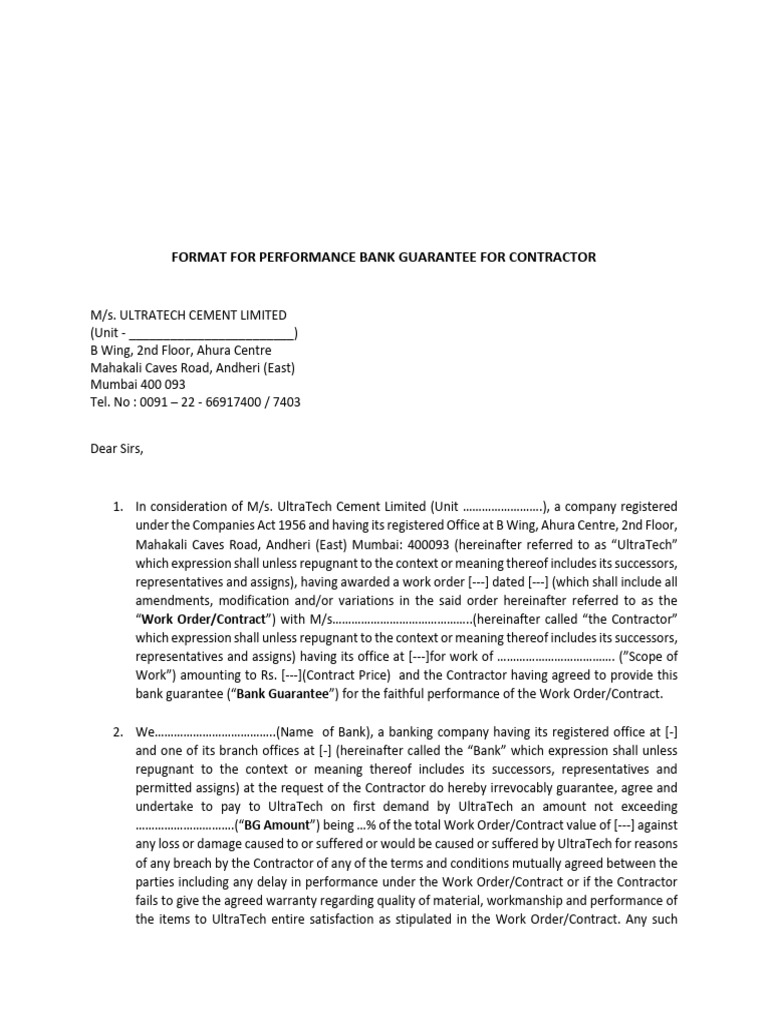 Format of Performance Bank Guarantee For Contractor - 19-09-2022 | PDF