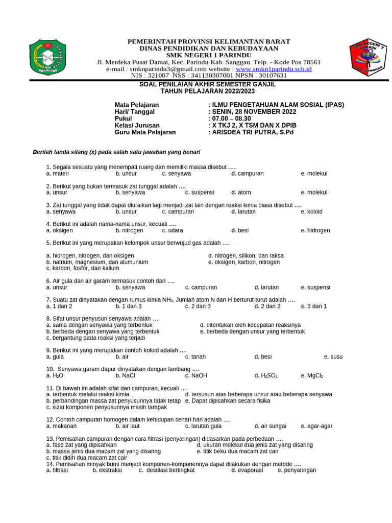 Pas Ipas Kelas X TKJ 2, X TSM, X Dpib Ganjil 2022-2023 | PDF