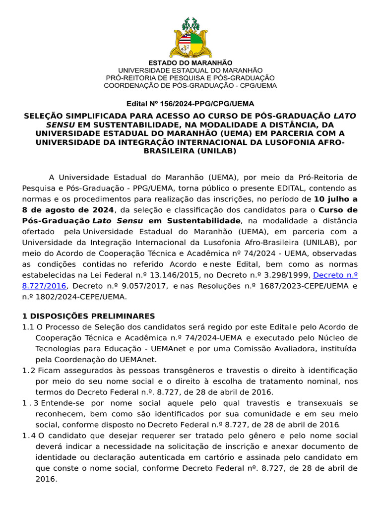 SEI - 2290295 - Edital - 156 2024 CURSO DE POS GRADUACAO LATO SENSU EM SUSTENTABILIDADE Revisado ...