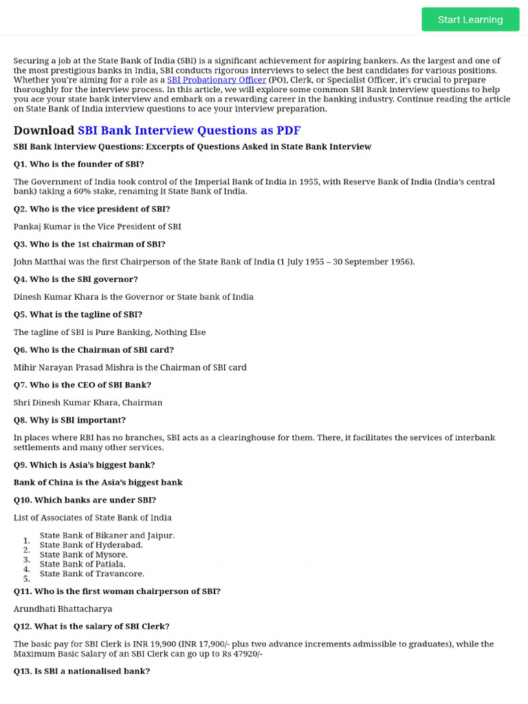 SBI Bank Interview Questions - Questions For State Bank Interview | PDF