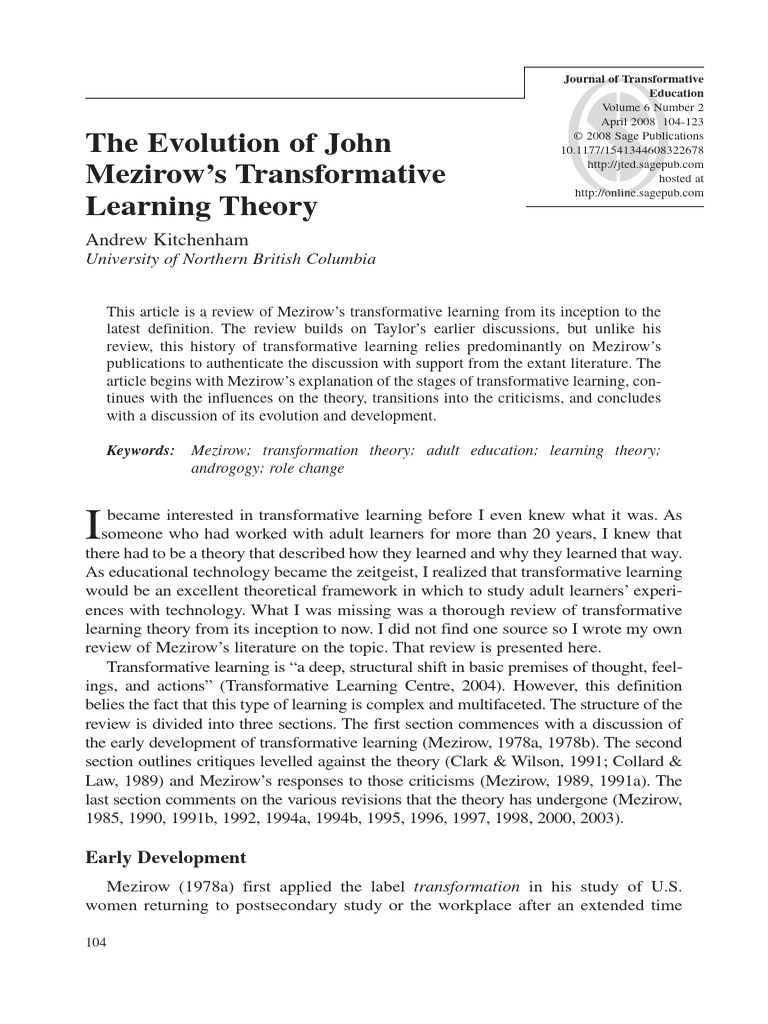 The Evolution Of Mezirows Transformative Learning Theory Pdf