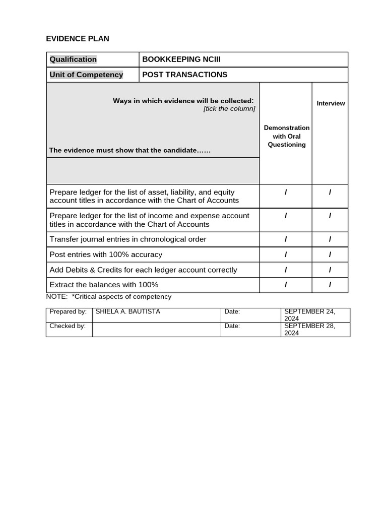 Evidence Plan Bookkeeping NCIII | PDF