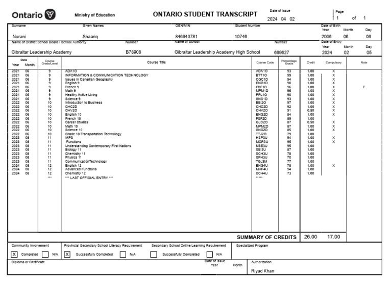 ON StudentTranscript | PDF