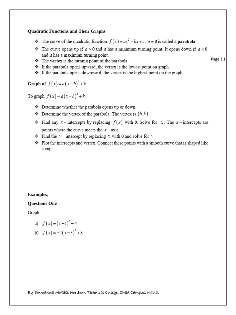 08. Quadratic Functions and Their Graphs | PDF