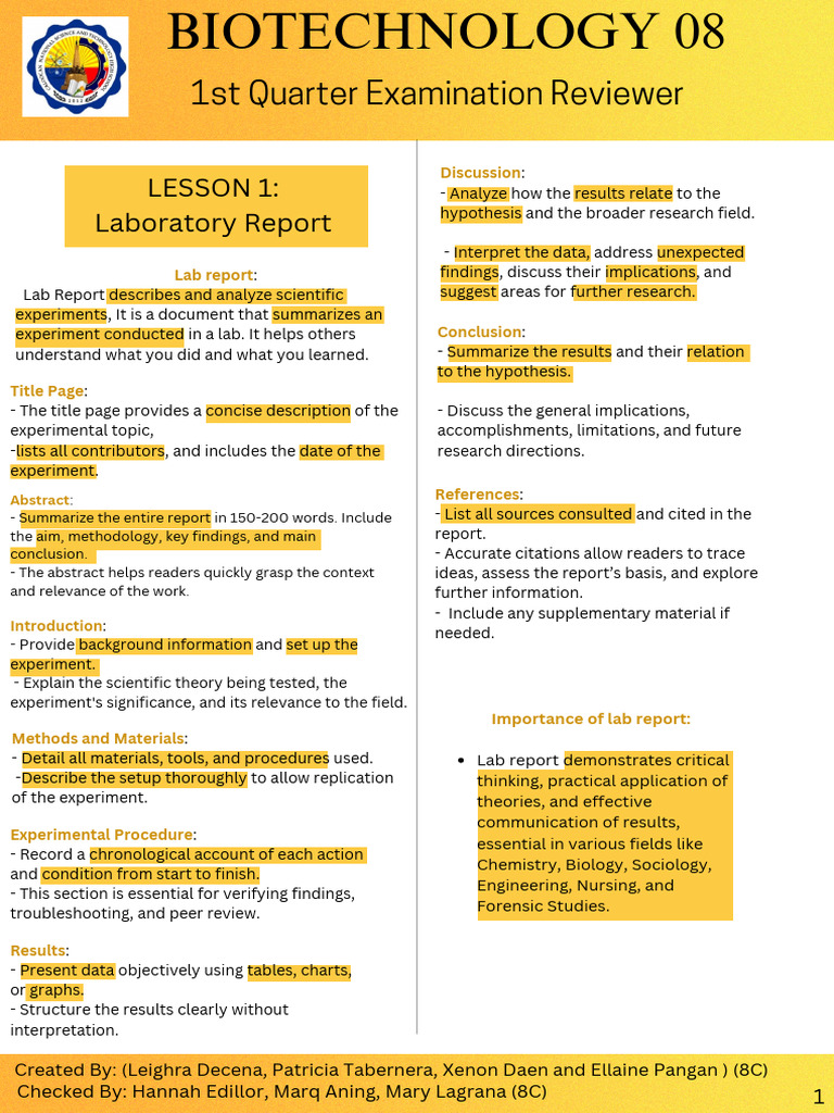 1st Quarter Examination Reviewer: Lesson 1: Laboratory Report | PDF