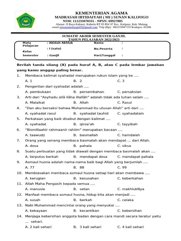 Soal Pas Aa Kelas 1 Pdf