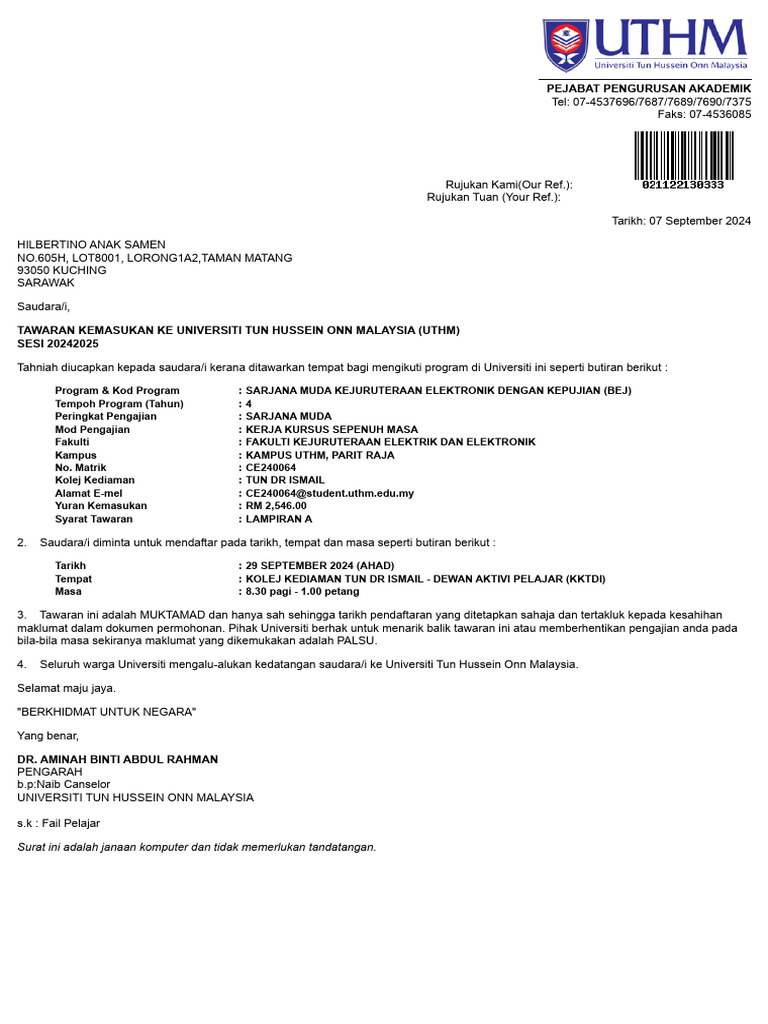 Surat Tawaran Uthm | PDF