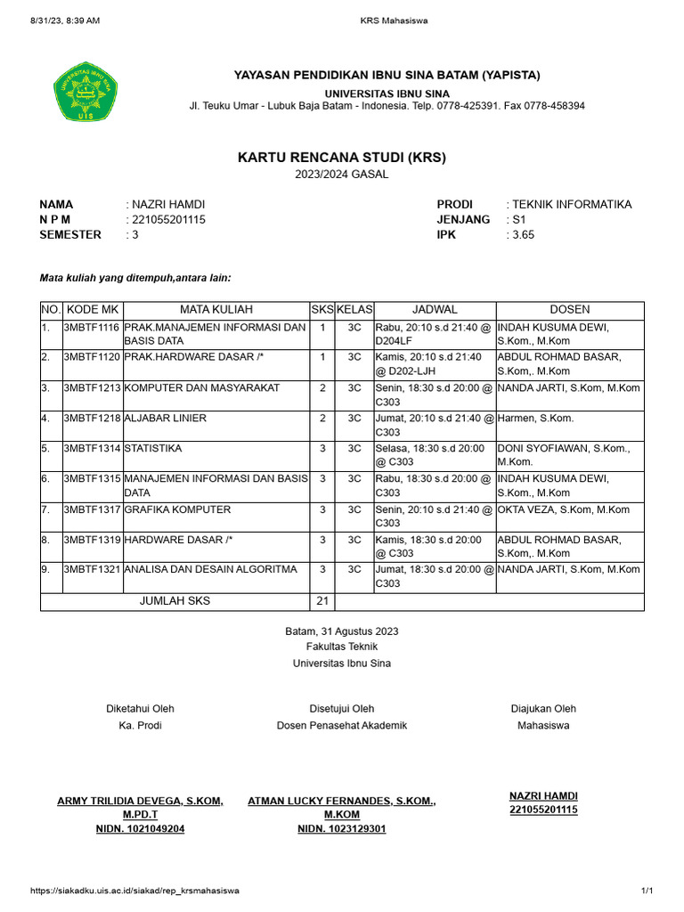 KRS Mahasiswa Semester 3 | PDF