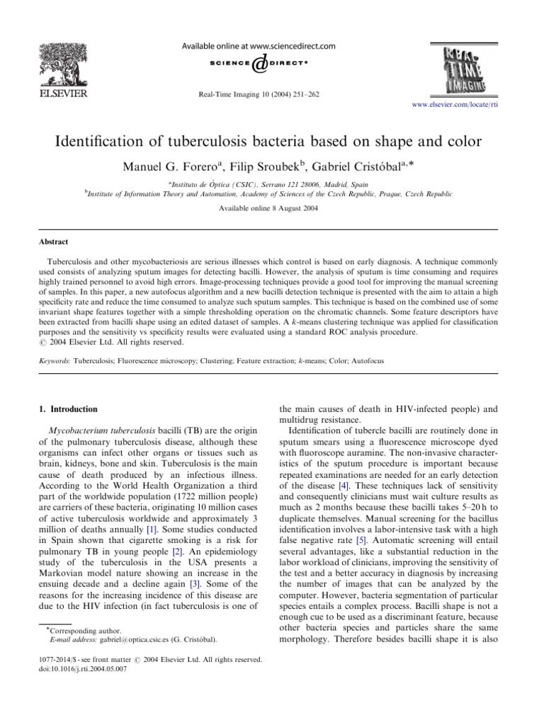 Identification of Tuberculosis Bacteria Based On Shape and Color | PDF