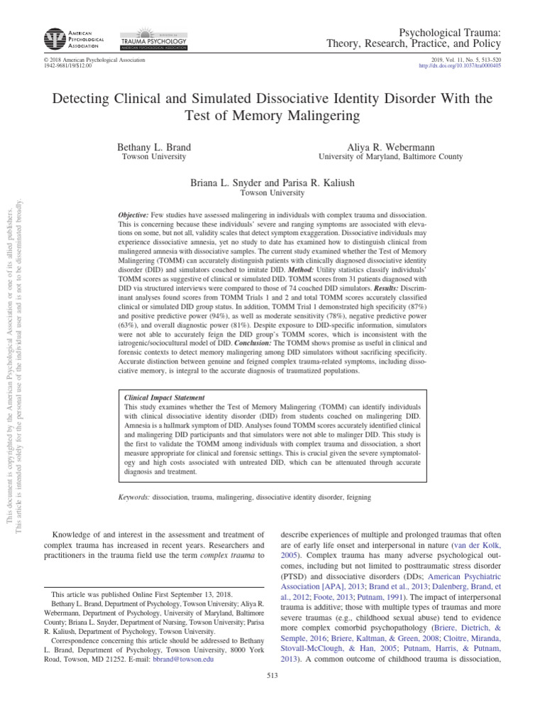 Detecting Clinical and Simulated Dissociative Identity Disorder With ...