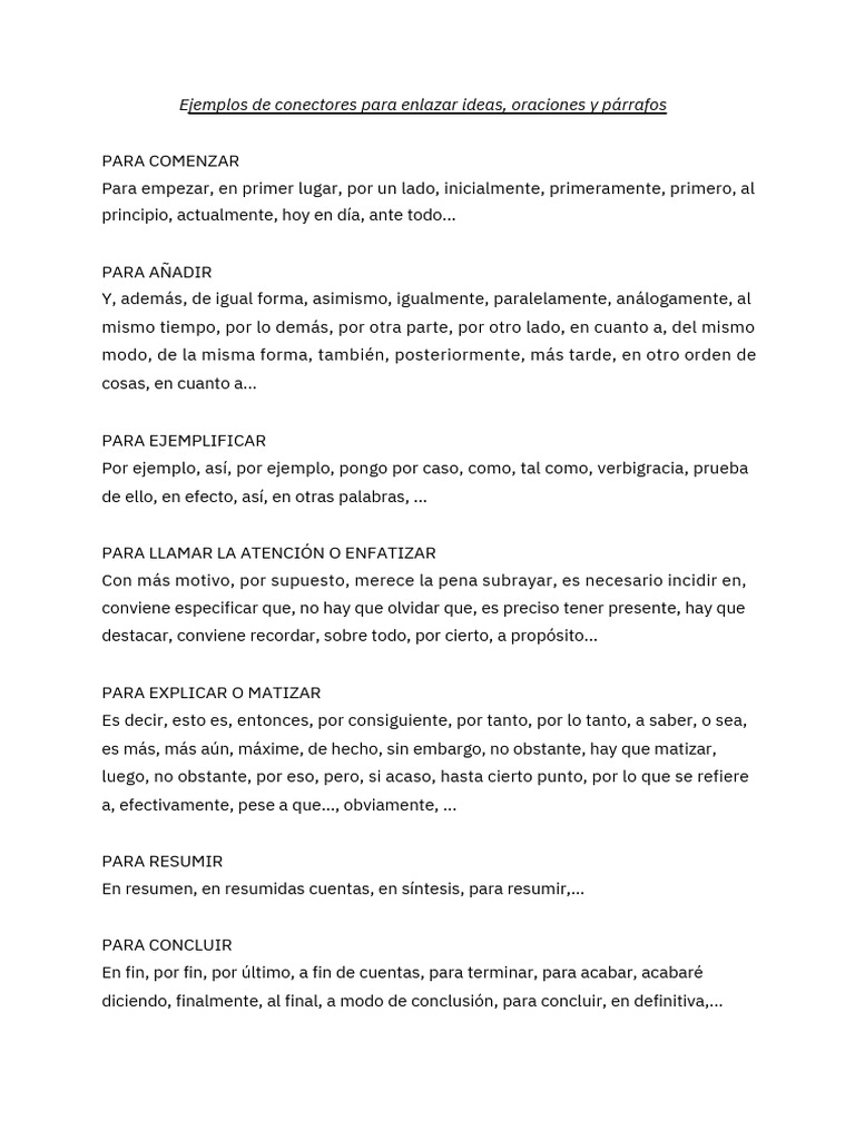 Conectores Simples y Sencillos para Enlazar Ideas y Oraciones - PDF ...