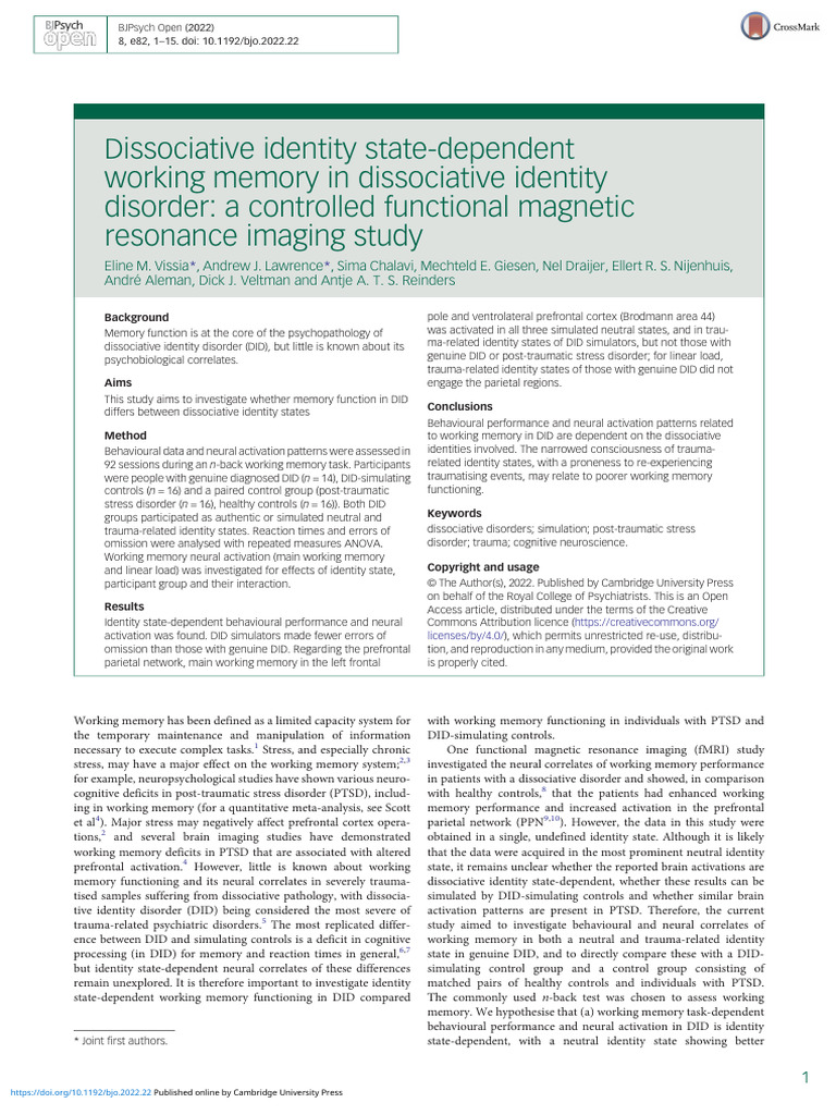 Dissociative Identity State Dependent Working Memory in Dissociative ...