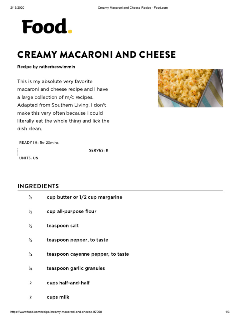 Creamy Macaroni and Cheese Recipe | PDF