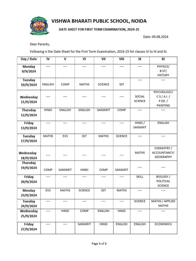 Date Sheet First Term Exams, 2024-25 of VBPS | PDF