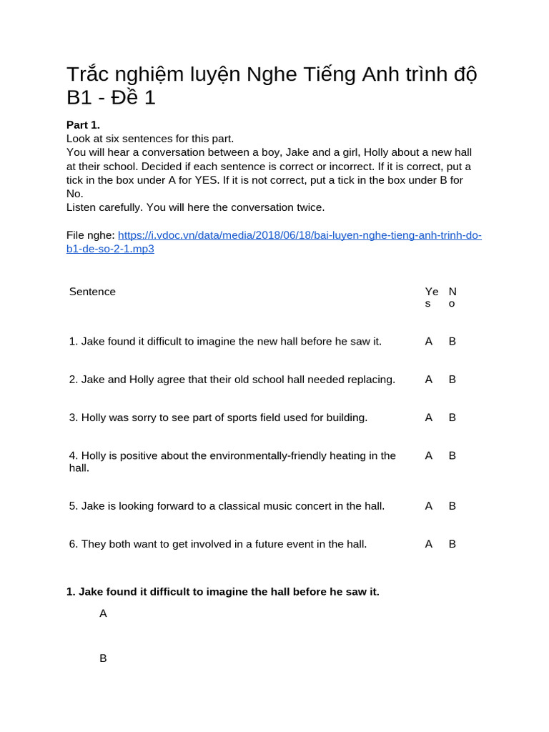 Đề thi trắc nghiệm kỹ năng nghe B1 tiếng anh | PDF