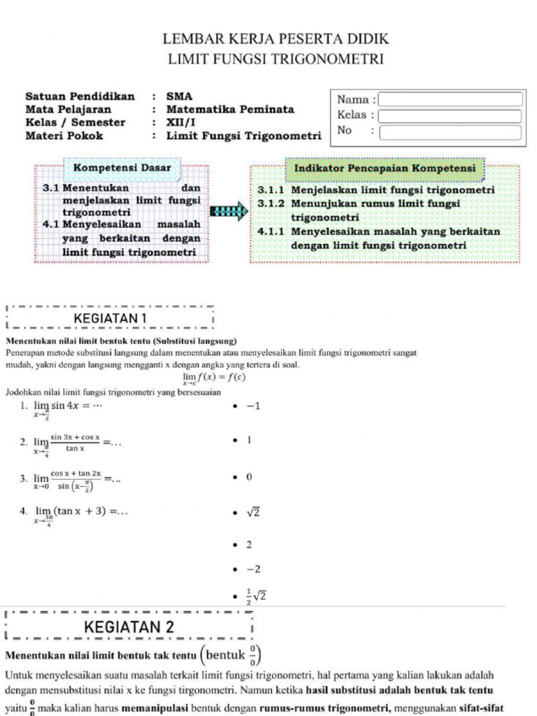 LKPD Limit Fungsi Trigonometri | PDF