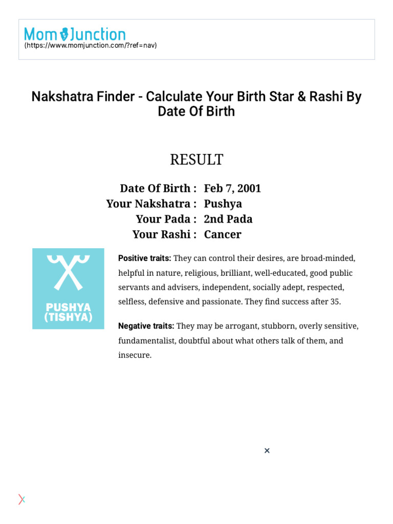 Nakshatra Calculator - Find Your Birth Star & Rashi by Date of Birth | PDF