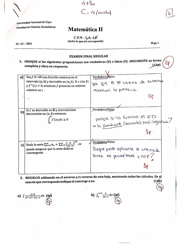 Exámen Final (Diciembre) 2021 - Matemática II | PDF