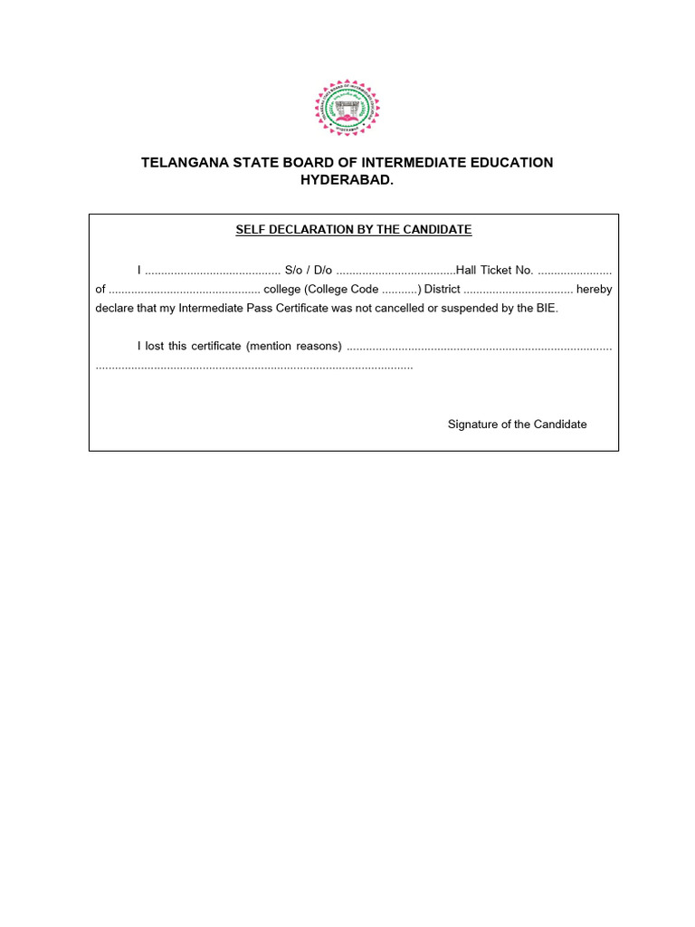 Telangana State Board of Intermediate Education Hyderabad.: Self ...