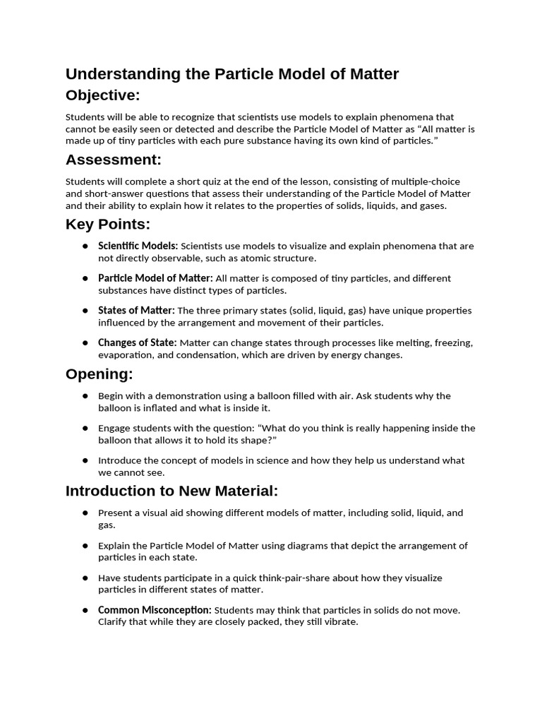 7th Grade Particle Model of Matter Lesson | PDF