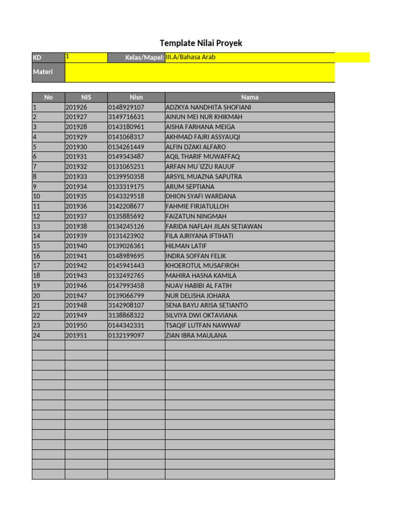 Template Nilai Proyek-III.A-Bahasa Arab | PDF