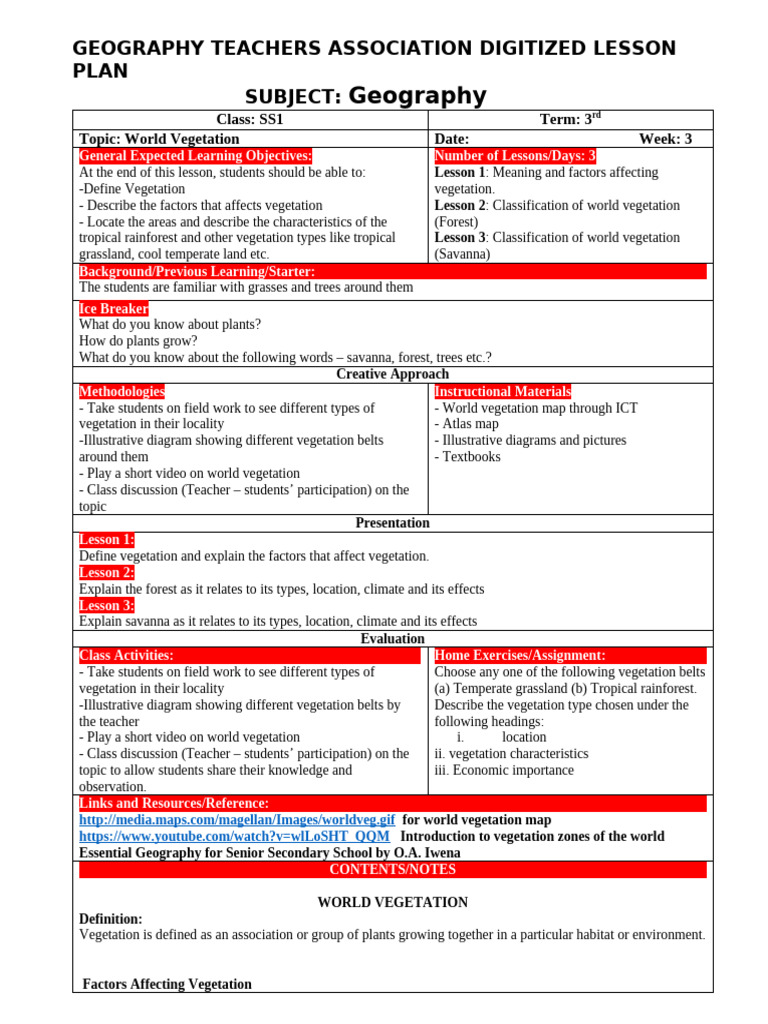 Ss1 - Geography - 3rd Term - Week 3 World Vegetation | PDF