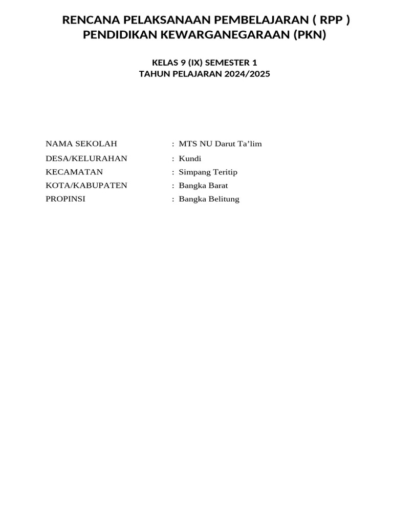 RPP PKN KELAS 9 GANJIL Rano | PDF
