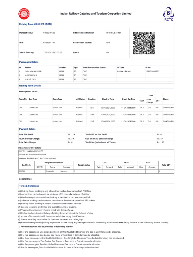 IRCTC Retiring Room | PDF