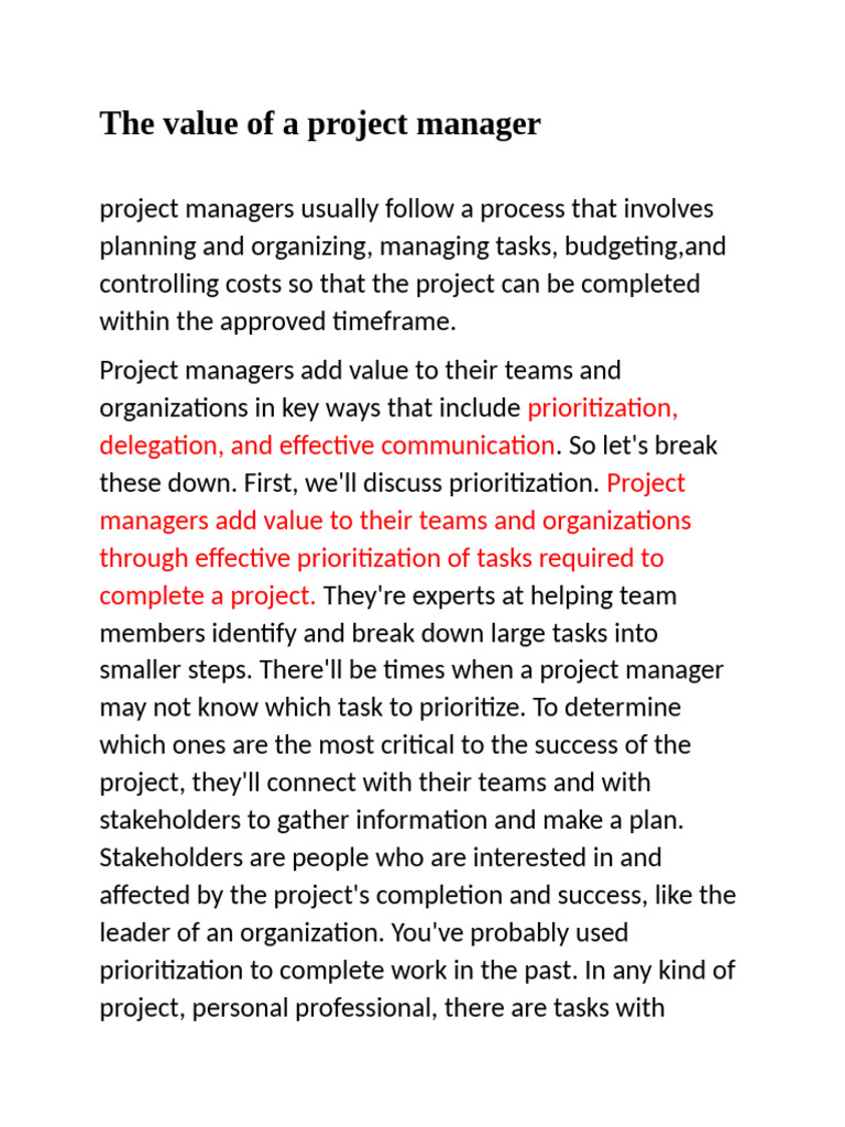 Project Management Value Explained | PDF