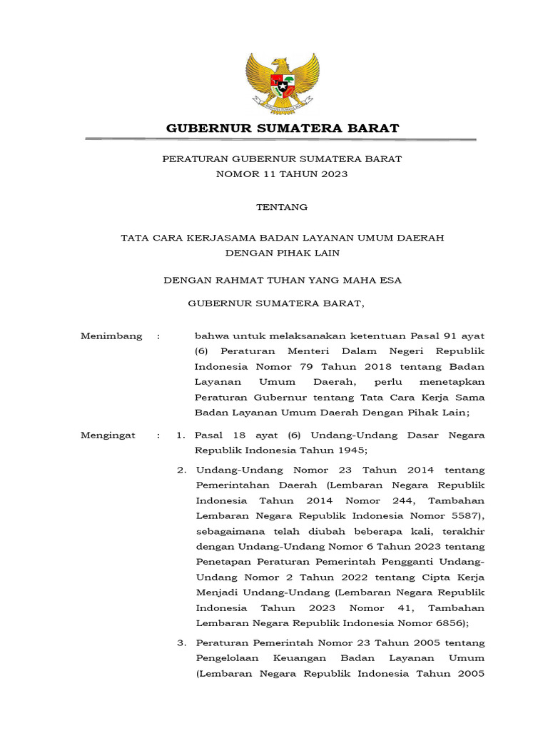 Tata Cara Kerja Sama BLUD Sumbar | PDF