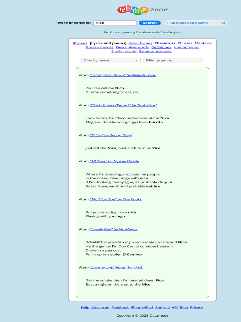RhymeZone Nico Lyrics | PDF
