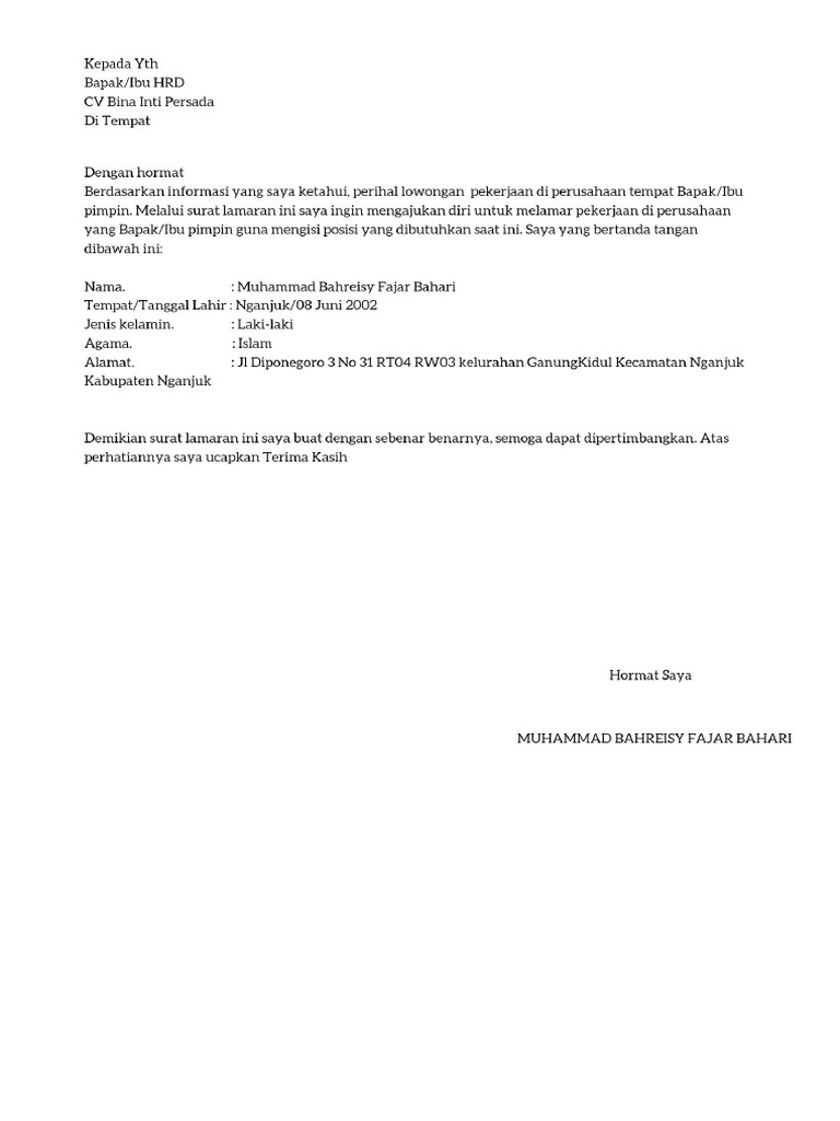 Surat Lamaran CV Bina Inti Persada | PDF