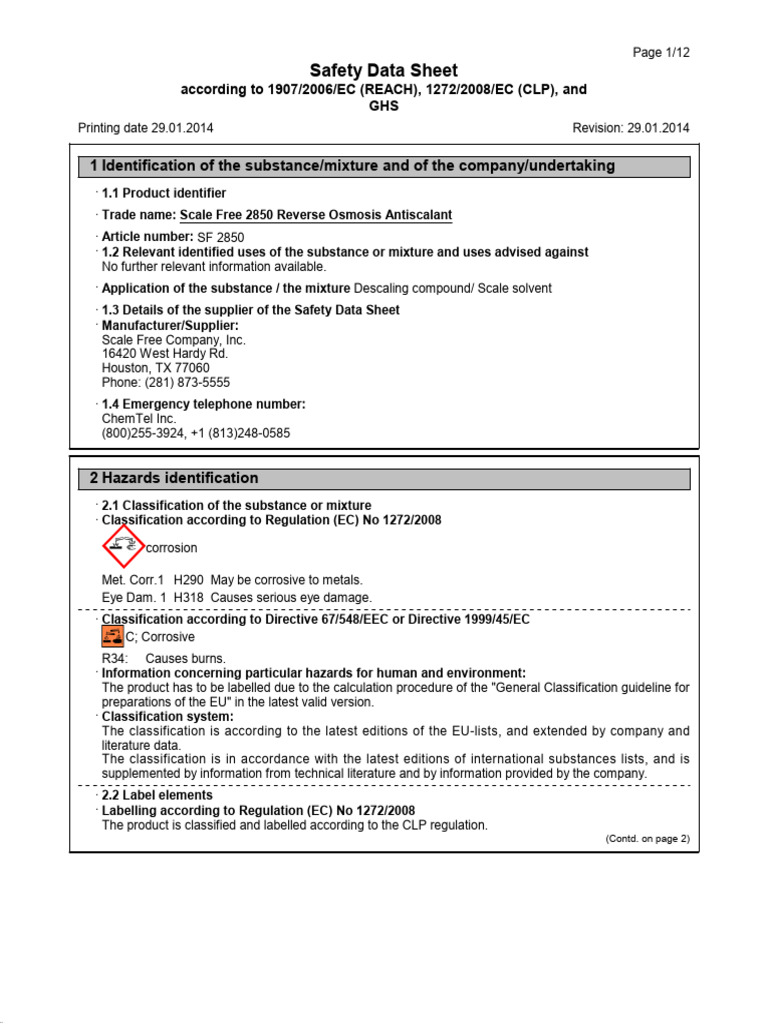 Antiscalant Msds | PDF
