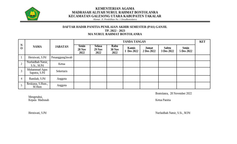Daftar Hadir Panitia Mos | PDF