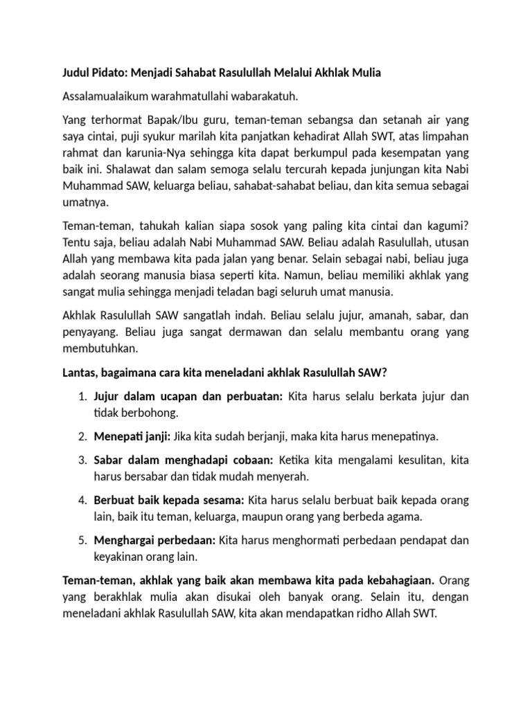 Contoh Pidato Dai Cilik Materi Akhlaq Rosululloh Saw | PDF