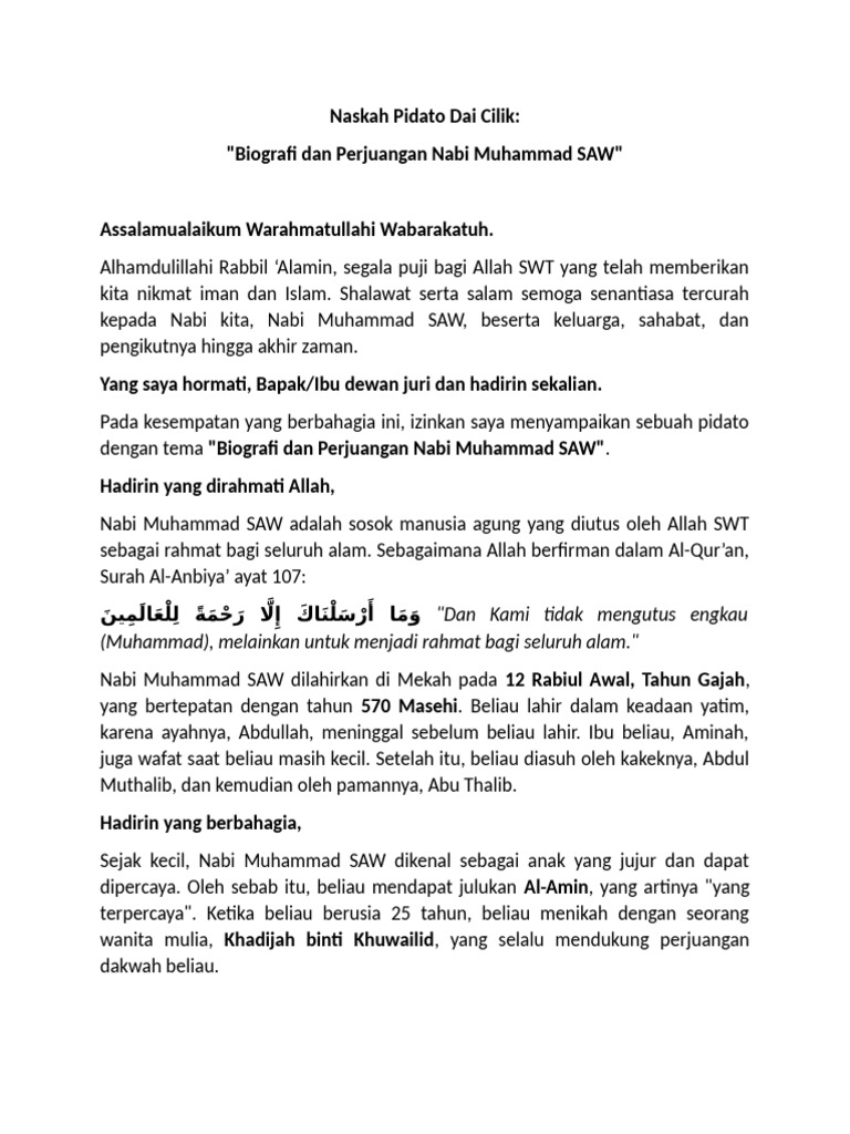 Naskah Pidato Dai Cilik Biografi Rosululloh SAW Dan Perjuangan Dakwahnya | PDF
