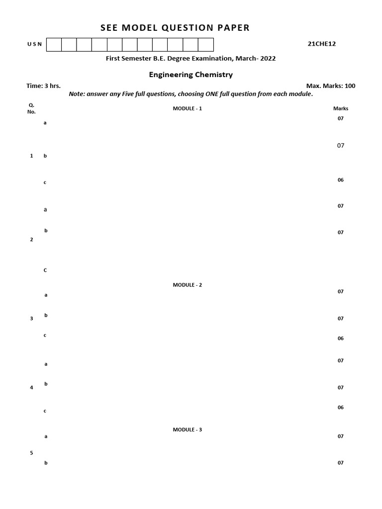 21CHE12 Model Question Paper | PDF
