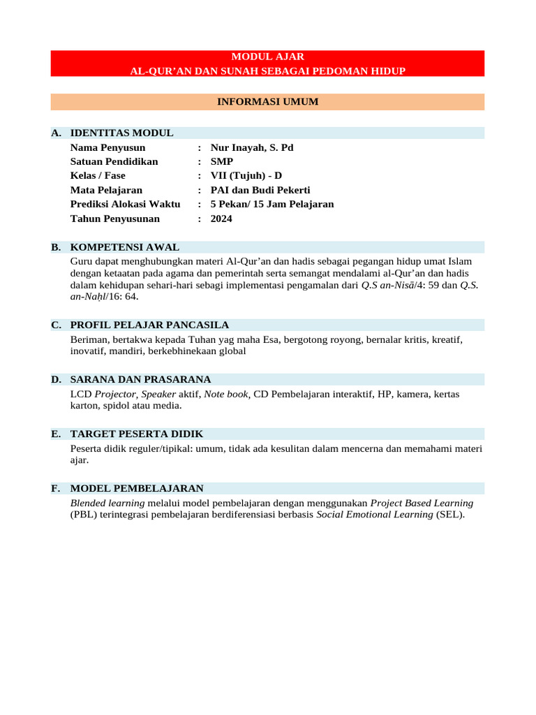 Modul Ajar Kelas 7 PAI - Bab 1 | PDF