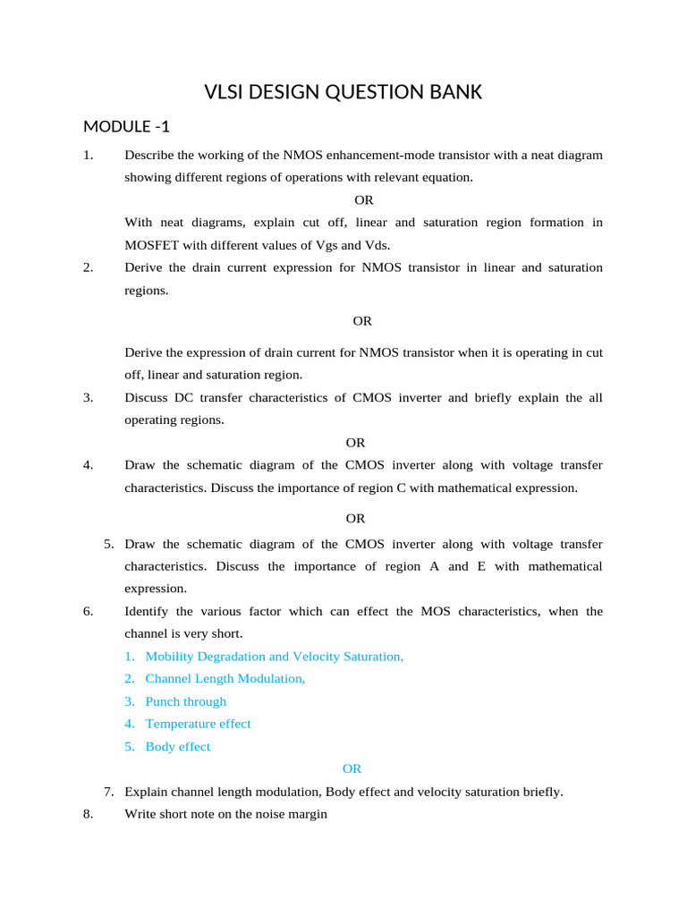 VLSI - Question Bank MODULE 1 To 5 - 2023-24 Autonomus Batch - New | PDF