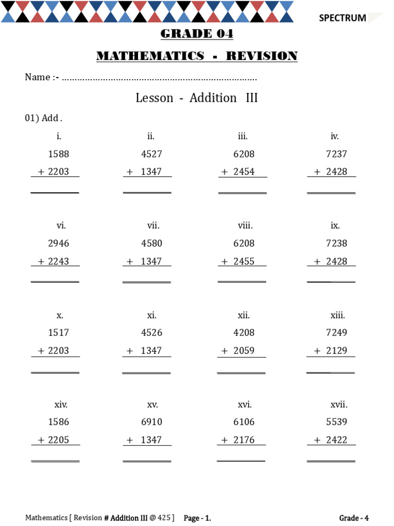 425 - Grade 4 Mathematics Addition 3 | PDF