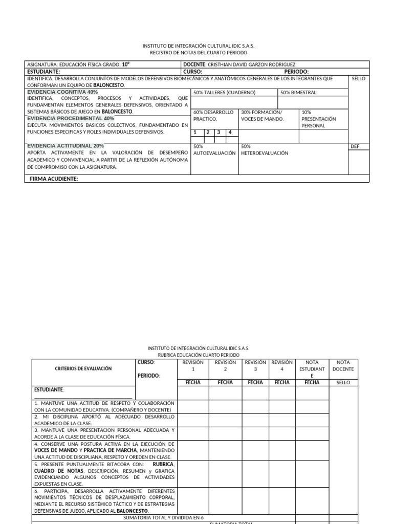 Registro de Notas y Rublica 10mo-3 | PDF