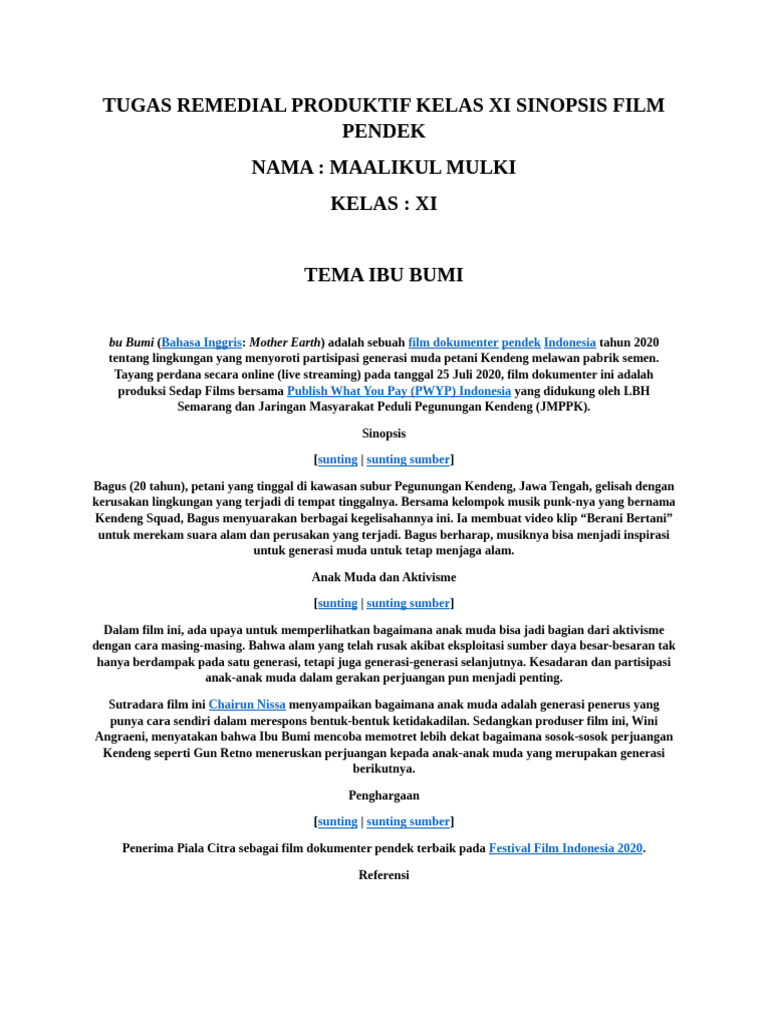 Tugas Remedial Produktif Sinopsis Film Pendek Mulki | PDF