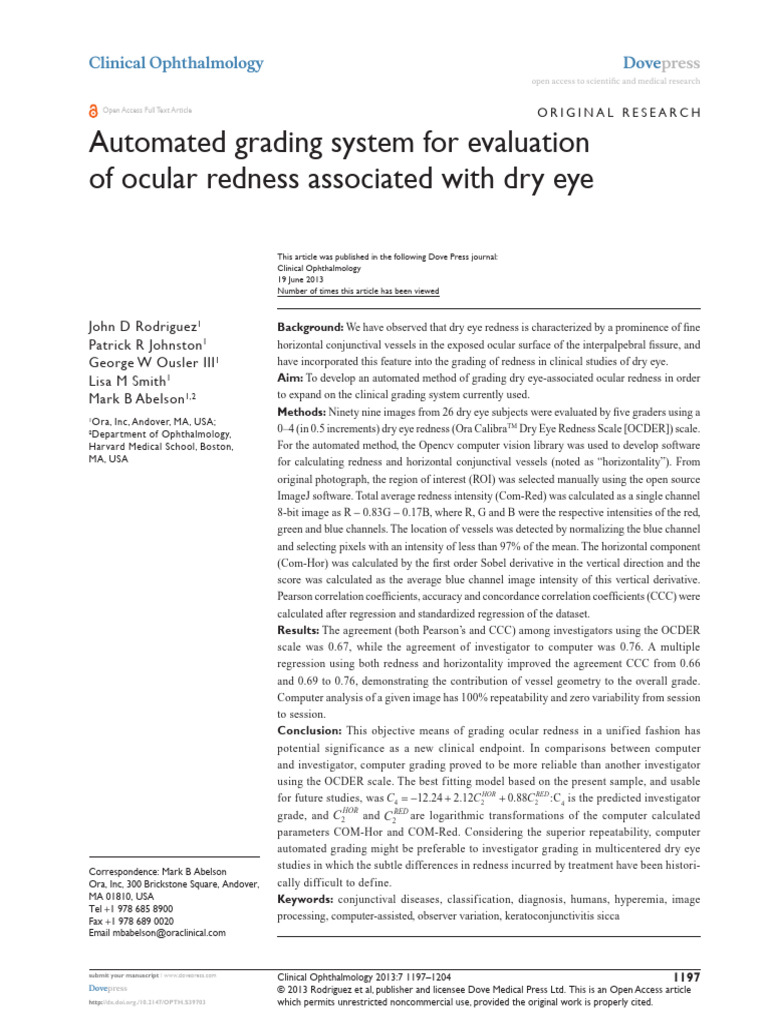 Automated Grading System For Evaluation of Ocular Redness Associated With Dry Eye | PDF