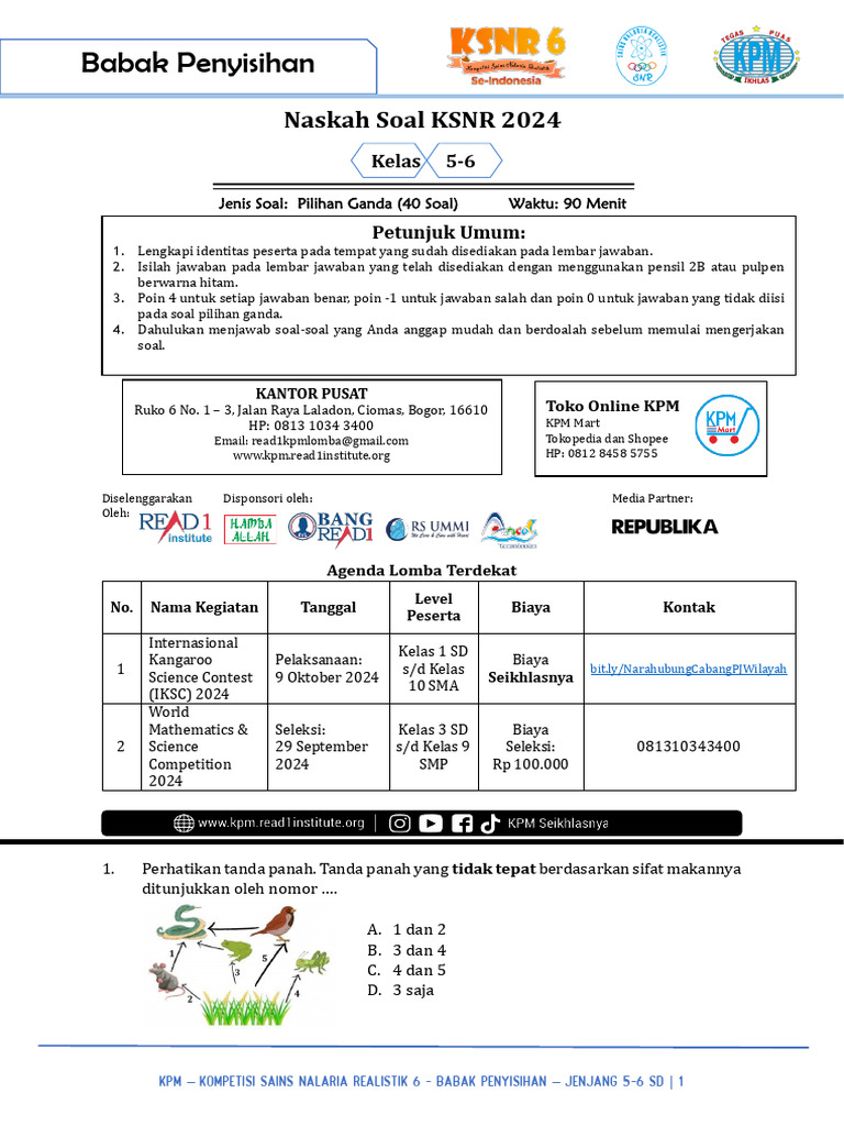 Soal KSNR Kelas 5-6 SD 2024 | PDF