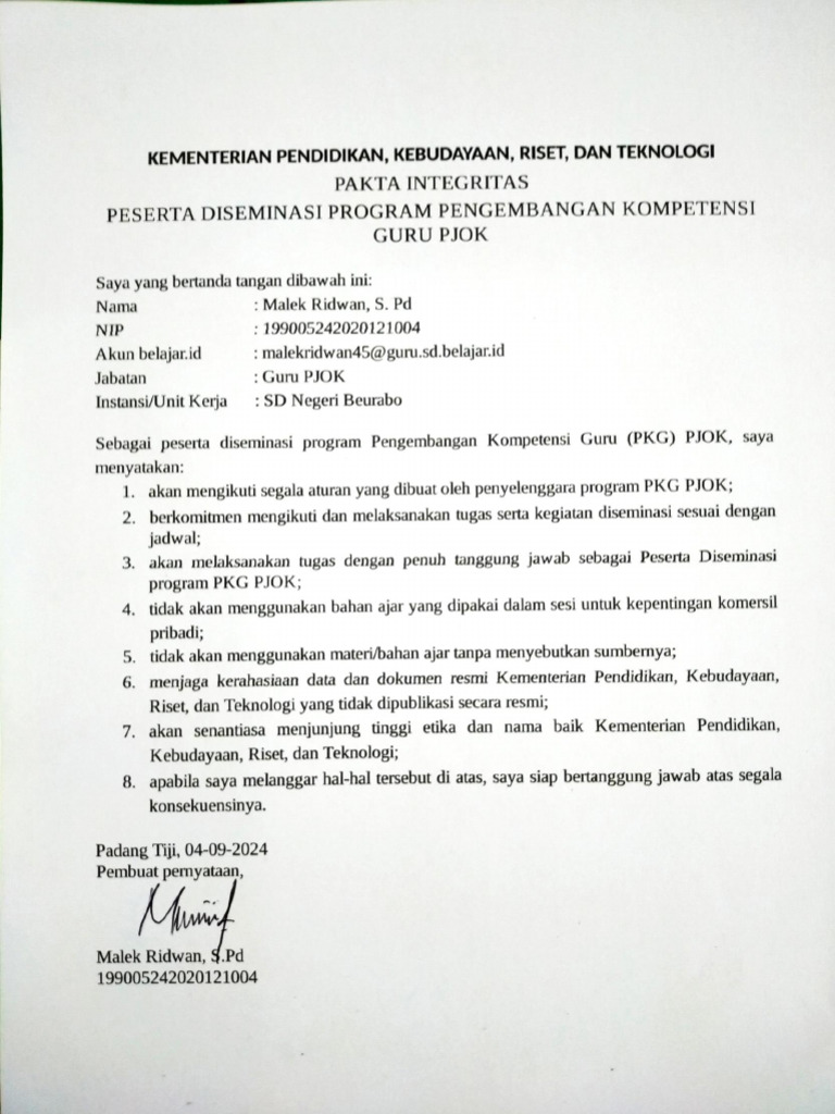 Pakta Integritas PKG Malek | PDF