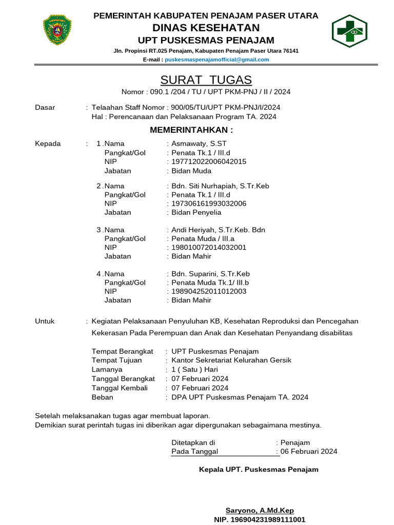 Contoh Surat Tugas Dan SPD Terbaru UPT Puskesmas Penajam - MASTER | PDF